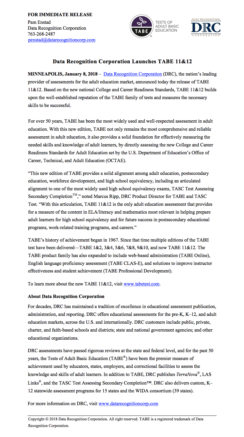 FOR IMMEDIATE RELEASE: Data Recognition Corporation Launches TABE 11&12 ...